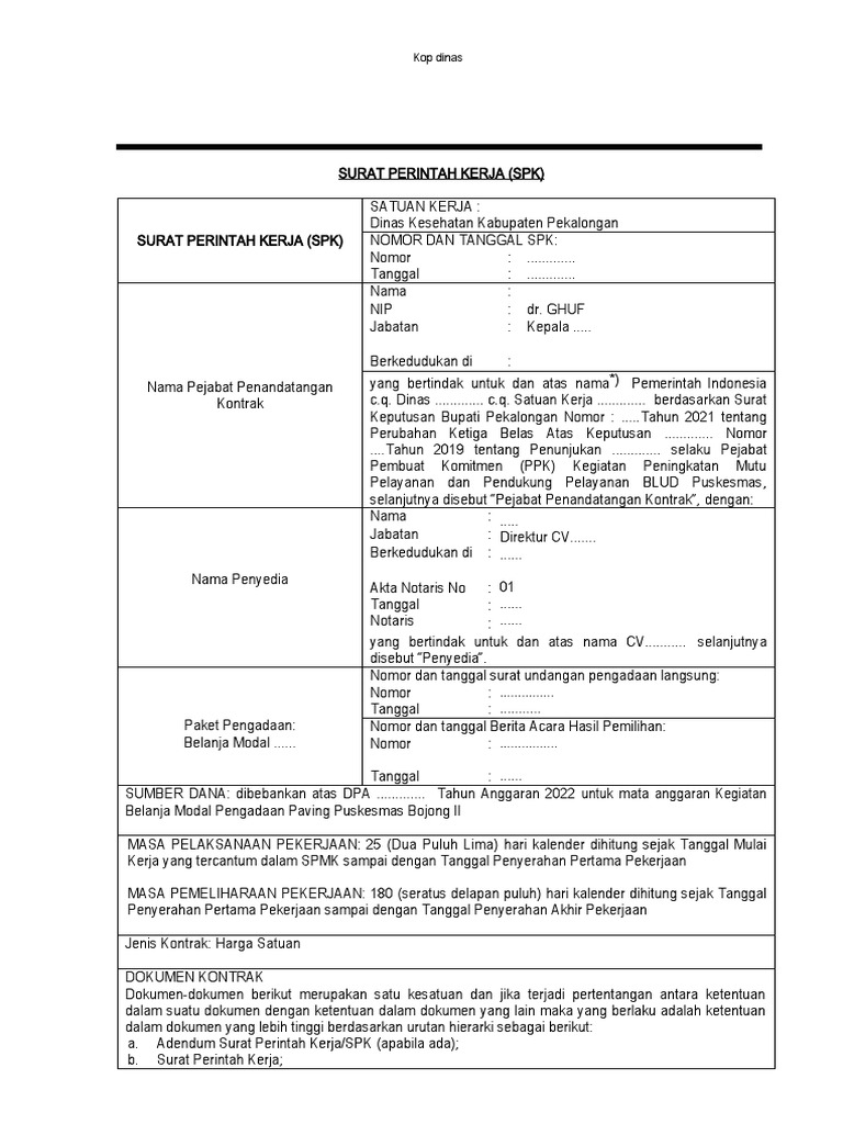 Surat Perintah Kerja (SPK) Antara Dinas Dan CV/PT | PDF