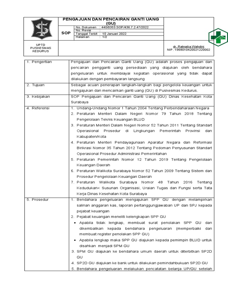6.sop Pengajuan Dan Pencairan Ganti Uang (Gu) - Revisi Maya | PDF