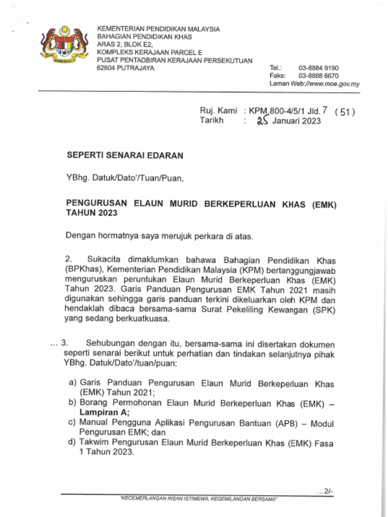 Pengurusan Elaun Murid Khas (Emk) Tahun 2023 | PDF