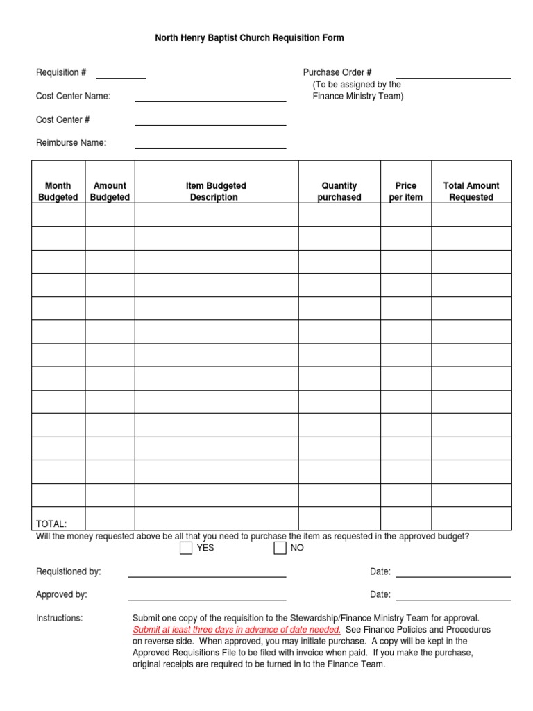 North Henry Baptist Church Requisition Form | PDF | Business | Finance ...