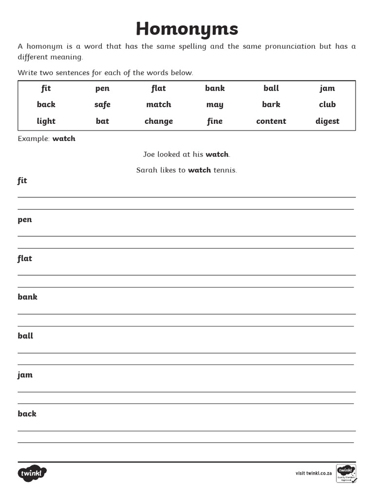 Za t2 e 113 Homonyms Double Meanings Activity Sheet | PDF