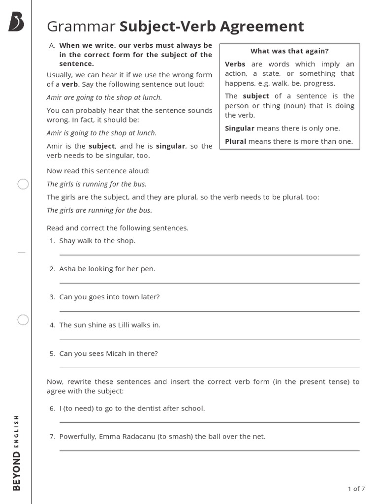 Esl Subject Verb Agreement Worksheets