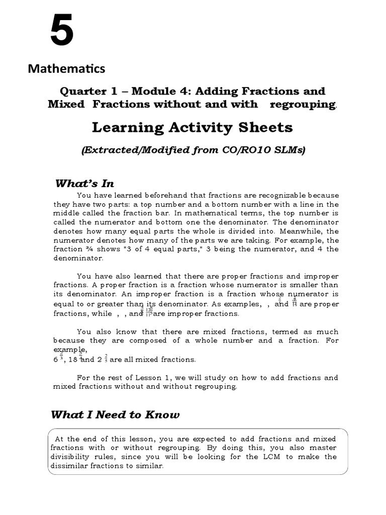 MATH5 Q1 M4 Addition of Fractions | PDF