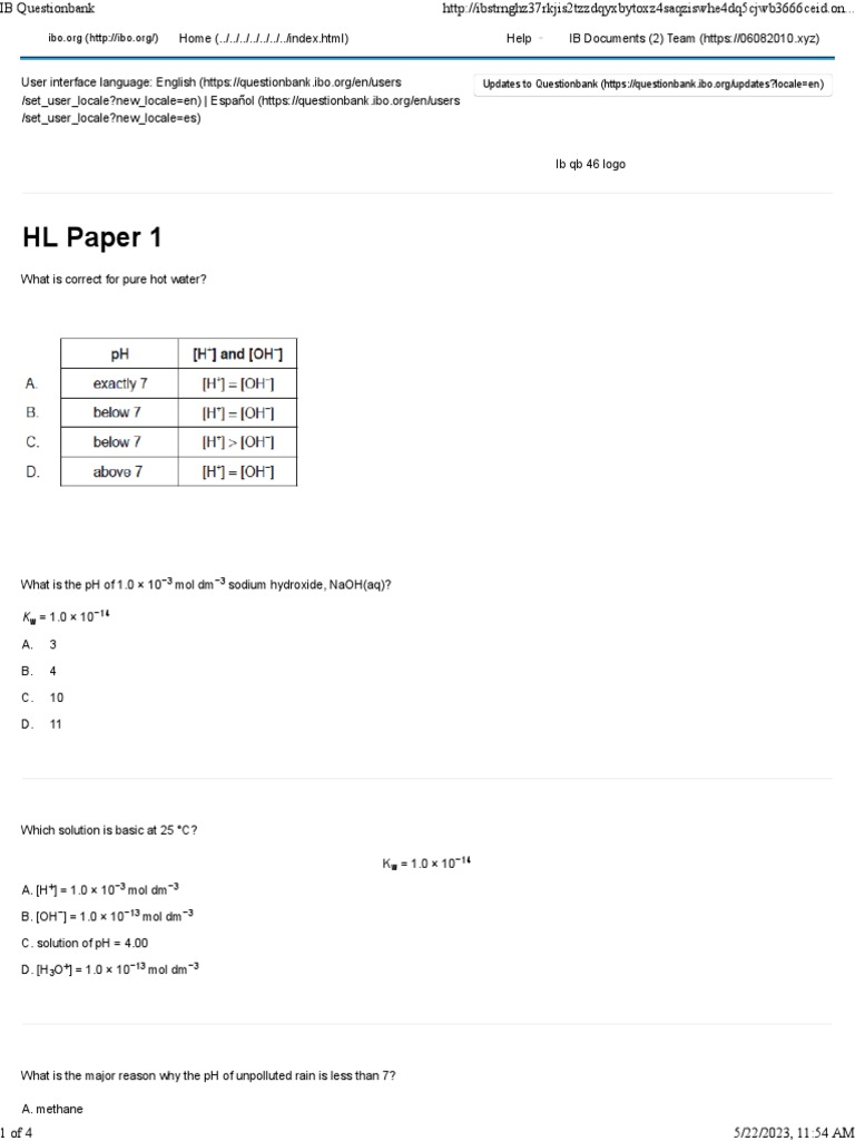 IB Questionbank Acid and Bases HL | PDF | Acid | Hydroxide IB Questionbank Acid and Bases HL | PDF | Acid | Hydroxide