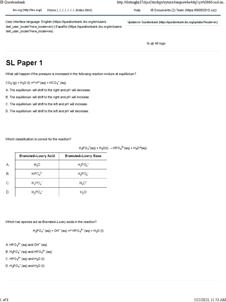 IB Chemistry Acids and Bases MCQs | PDF | Acid | Hydroxide