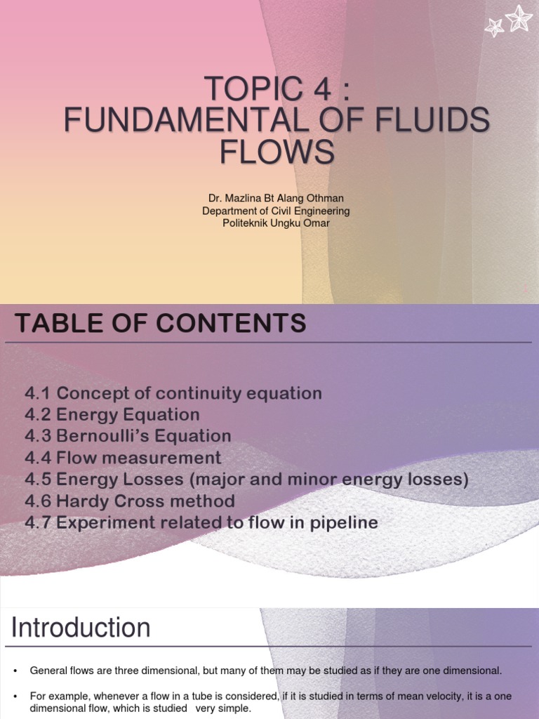 Topic 4 Fundamental of Fluids Flows - NEW | PDF | Fluid Dynamics | Reynolds Number
