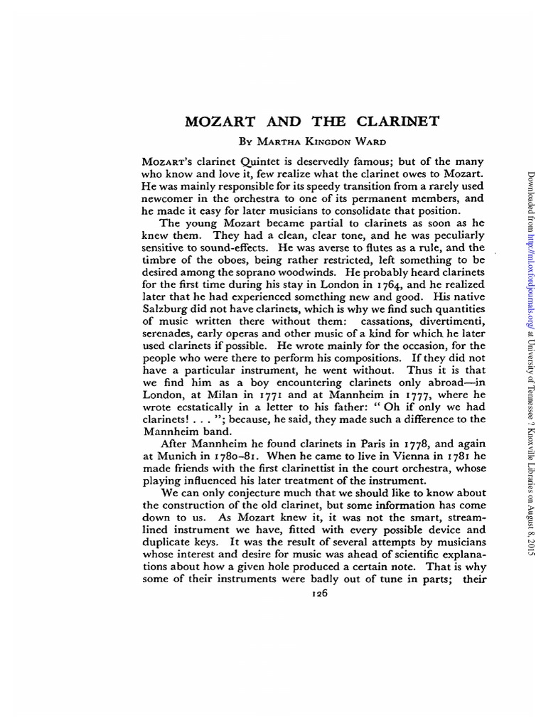 Ward 1947 Mozart and The Clarinet | PDF | The Marriage Of Figaro | Clarinet