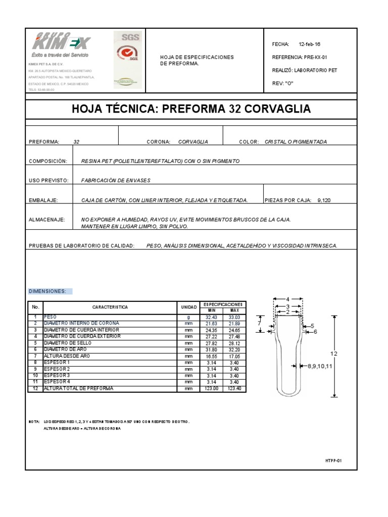 Hoja Técnica: Preforma 32 Corvaglia | PDF | Ciencias fisicas | Materiales