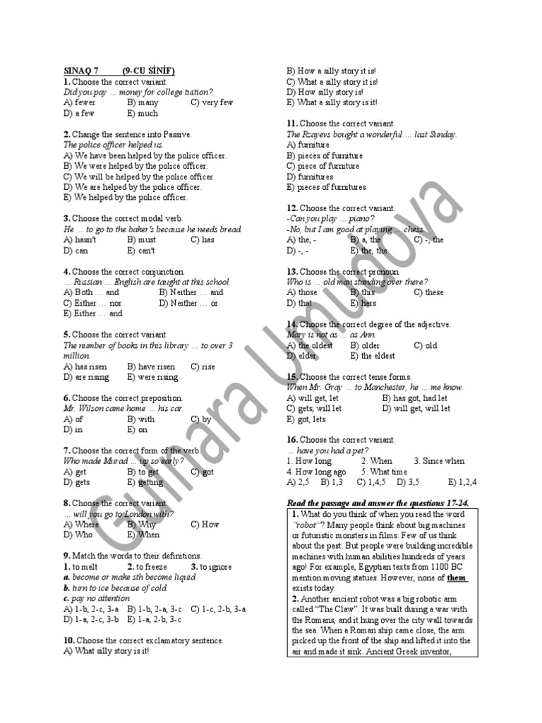 English Grammar and Comprehension Test | PDF | Robot | Robotics