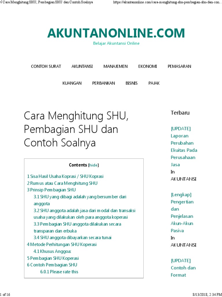 Cara Menghitung SHU, Pembagian SHU Dan Contoh Soalnya | PDF