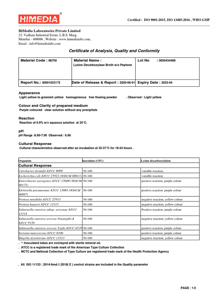 Certificate of Analysis, Quality and Conformity: Himedia Laboratories ...
