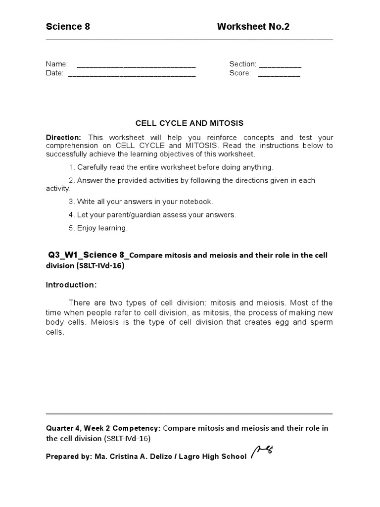 Aizy Dacles - Q4 - W2 - Science-8 - Worksheet-2 | PDF | Mitosis | Meiosis