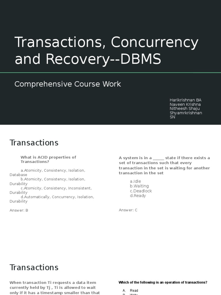 Transaction, Concurrency, Recovery | PDF | Database Transaction | Databases Transaction, Concurrency, Recovery | PDF | Database Transaction | Databases