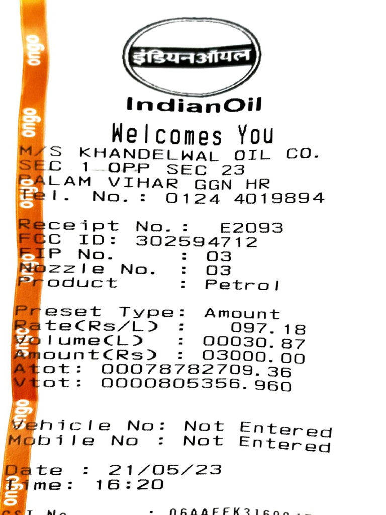Petrol Bill Receipt Sample with ATOT/VTOT | PDF | Finance & Money ...