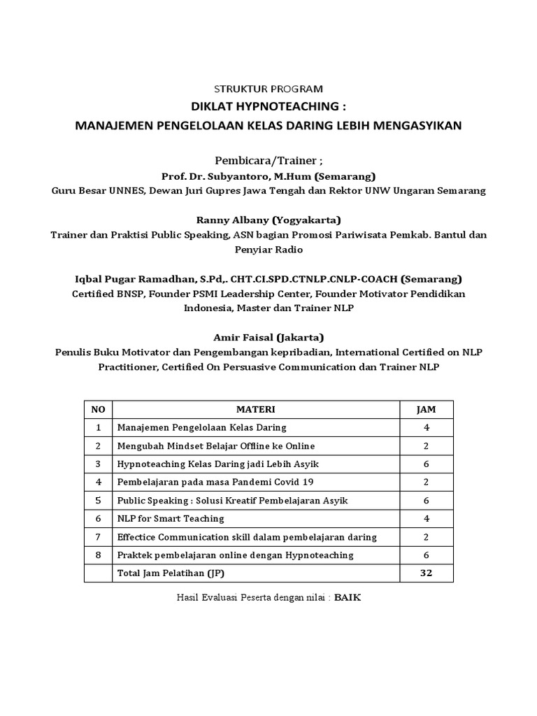 nilai diklat hypnoteaching | PDF
