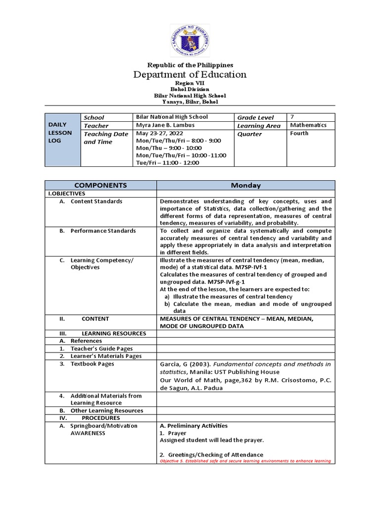 WEEK 5 Math7 COT Lesson Plan | PDF | Mode (Statistics) | Mean
