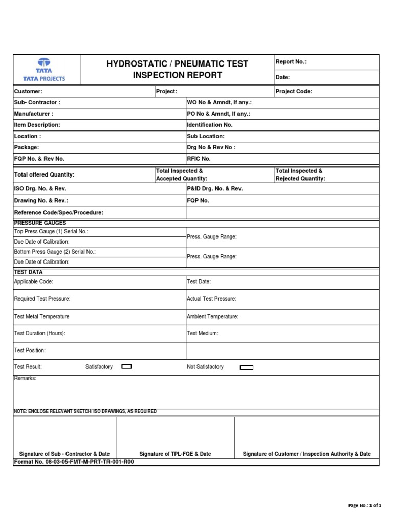 Hydrostatic - Pneumatic Test Inspection Report | PDF | Calibration