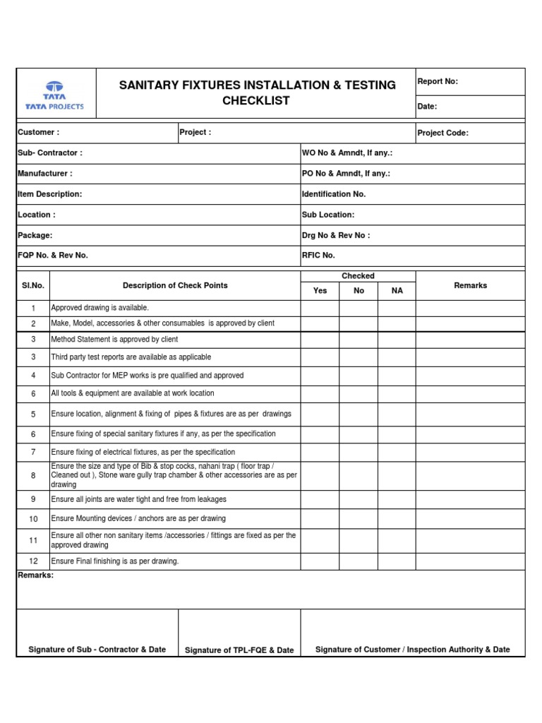 Sanitary Fixtures Installation Checklist | PDF | Manufactured Goods ...