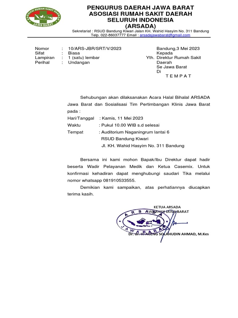 Surat Undangan Halbil Arsada Jabar Dan Sosialisasi TPK | PDF