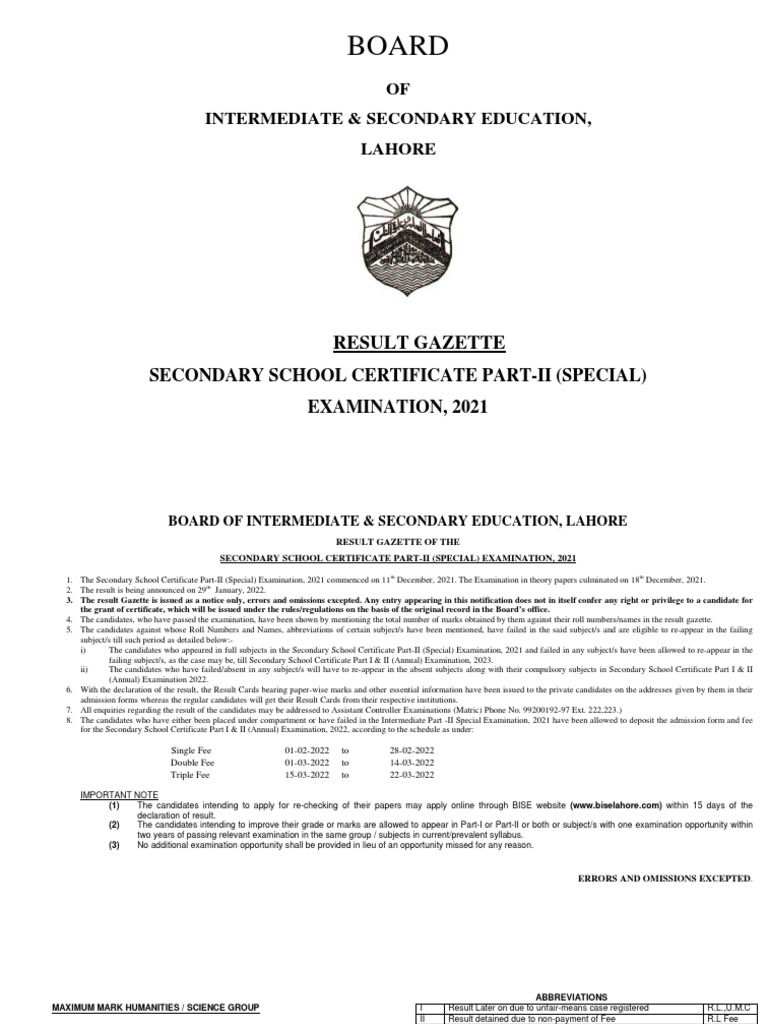 Bise Lahore Matric Special Exasm Gazette | PDF | Science