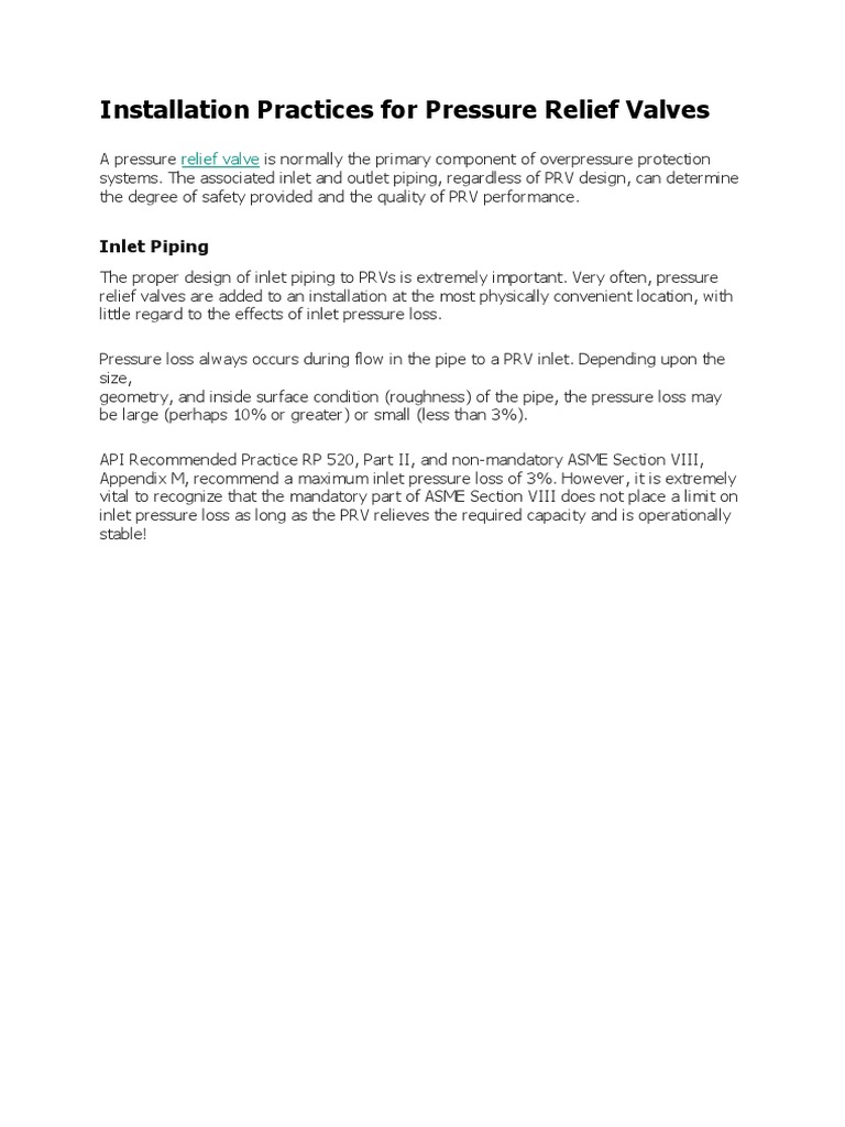 Installation Practices For Pressure Relief Valves | PDF | Pipe (Fluid Conveyance) | Valve