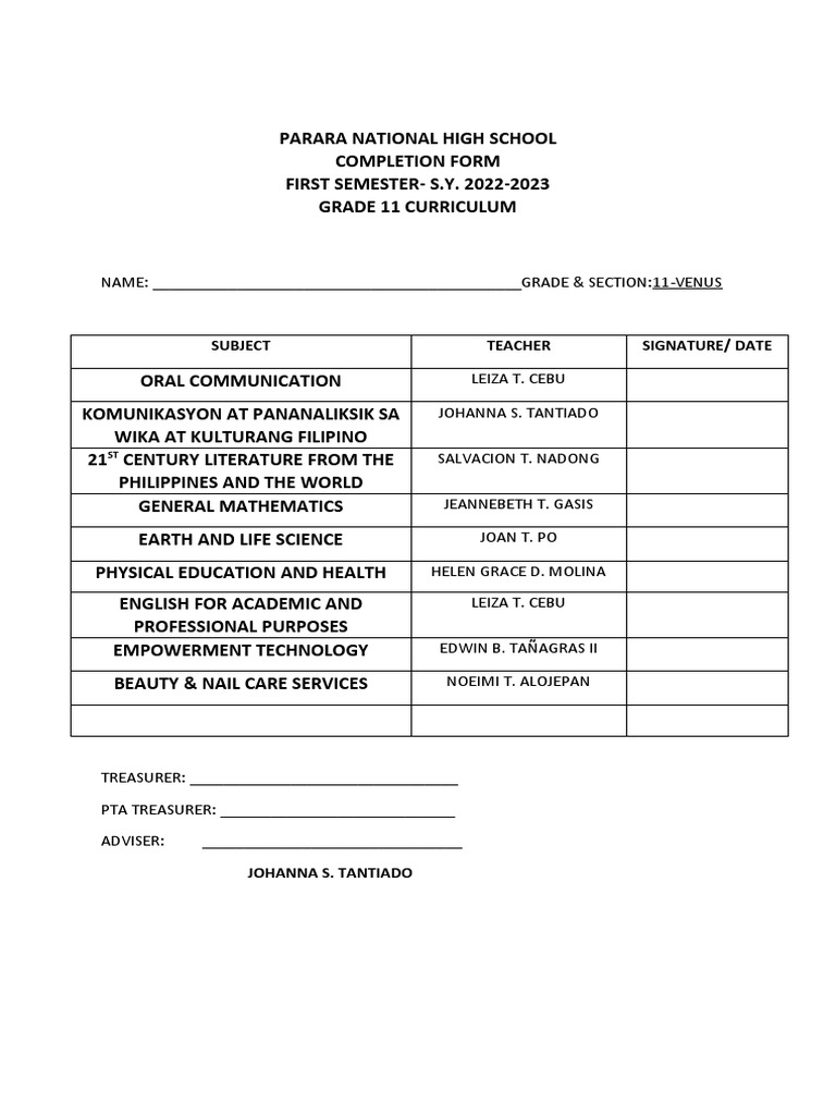 Completion Form Shs | PDF | Science