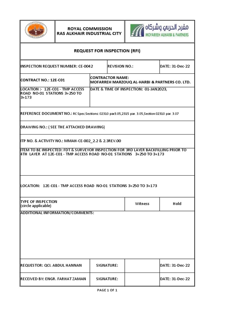 Rfi & HPR Form - 12e-C01-Ce-0042 - FDT & Surveyor Inspection For 3rd ...