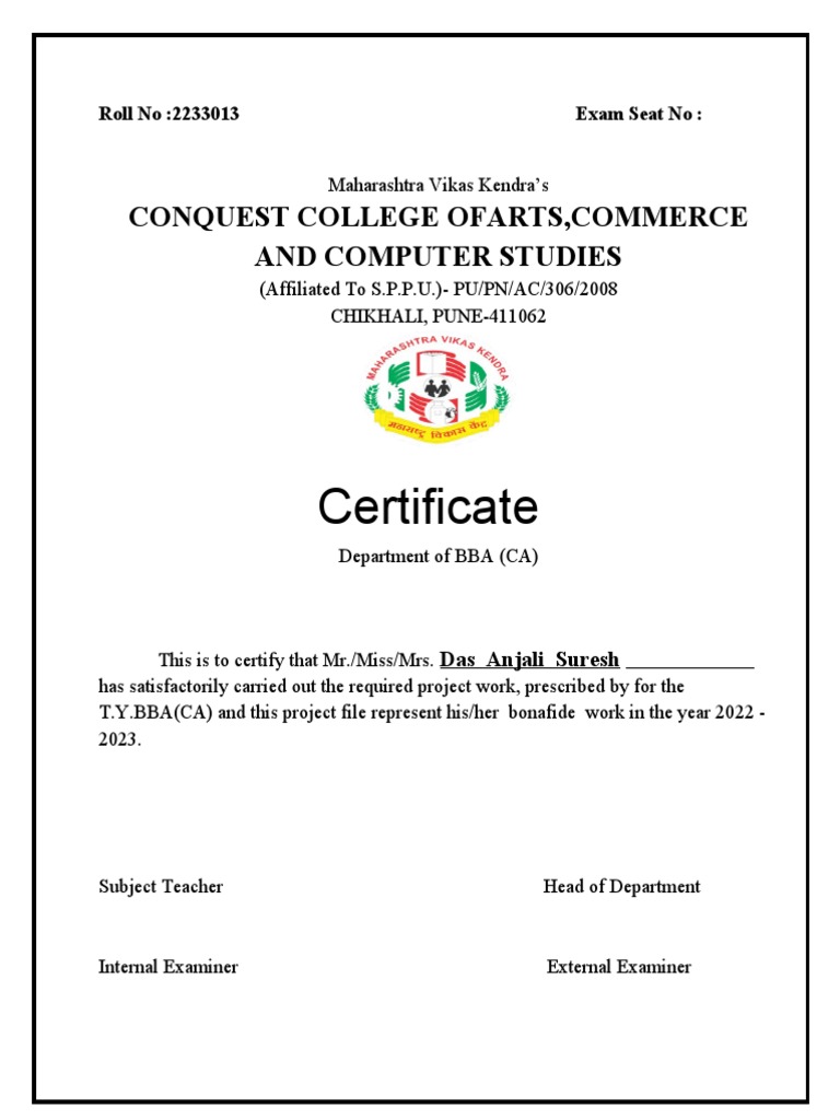 Conquest College Certificate For Project | PDF
