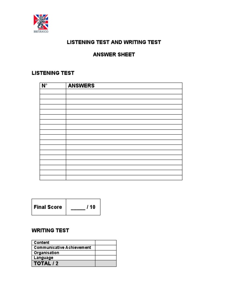 Listening Test and Writing Test - Answer Sheet | PDF