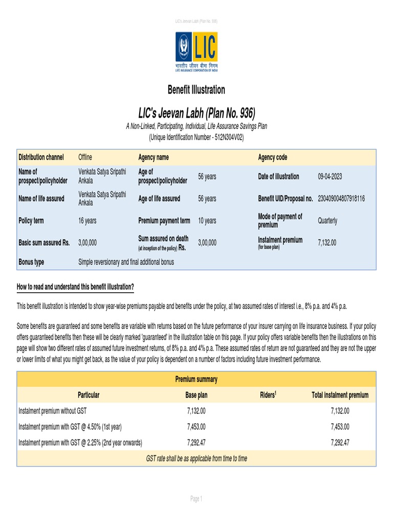 LIC's Jeevan Labh (Plan No. 936) : Benefit Illustration | PDF ...