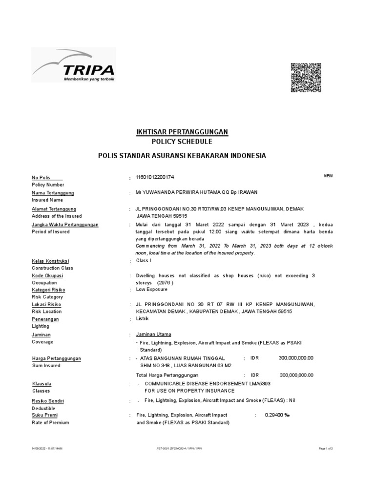 Ikhtisar Pertanggungan Policy Schedule Polis Standar Asuransi Kebakaran Indonesia | PDF ...