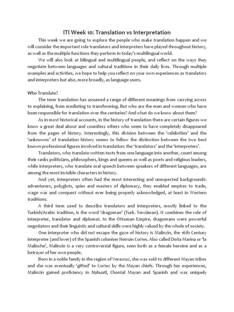 ITI Materi Week 10, Translation Vs Interpretation | PDF | Language Interpretation | Translations