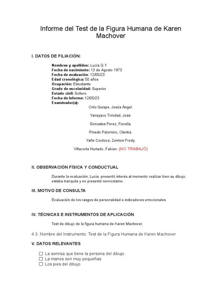 Informe Del Test de La Figura Humana de Karen Machover | PDF | Sicología