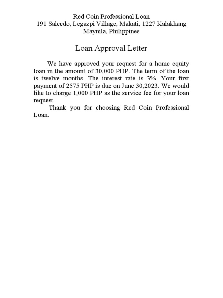 Loan Approval Letter Mr John Willbert Ordona Pdf