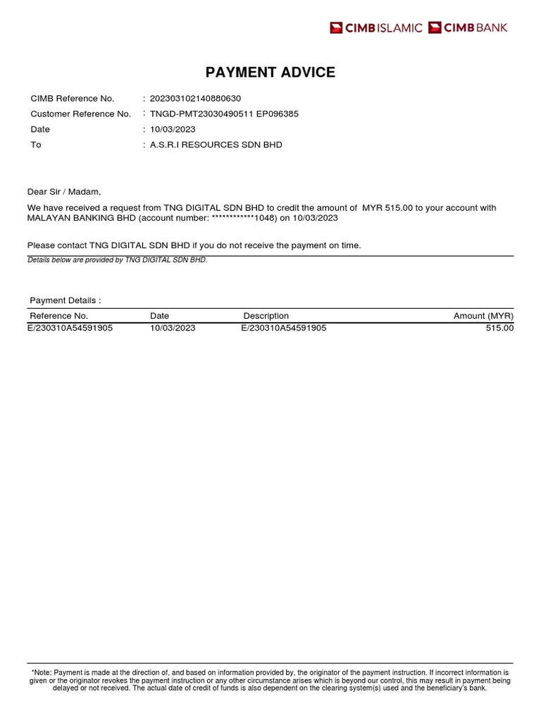 CIMB Transfer - Advice 202303101751272 | PDF | Business | Law