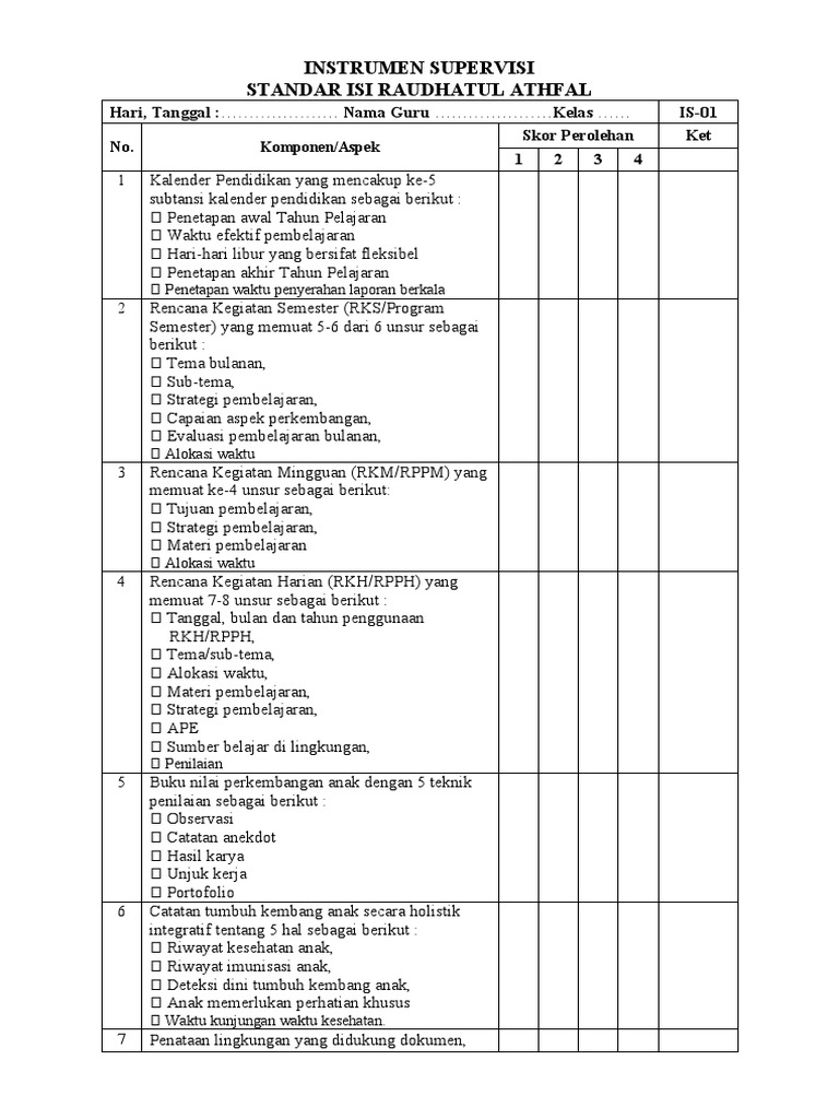 2 - RA - Instrumen Supervisi Standar Isi - 8 SNP | PDF | Karier & Perkembangan
