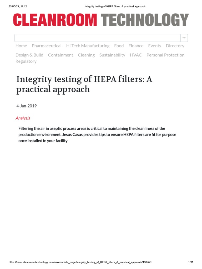 Integrity Testing of HEPA Filters - A Practical Approach | PDF | Tools