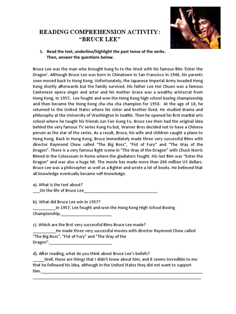 Reading Comprehension Activity Bruce Lee | PDF