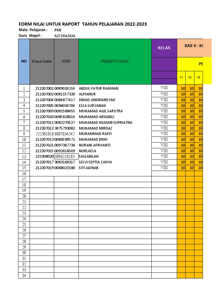Blanko Nilai Raport Kelas 8 | PDF
