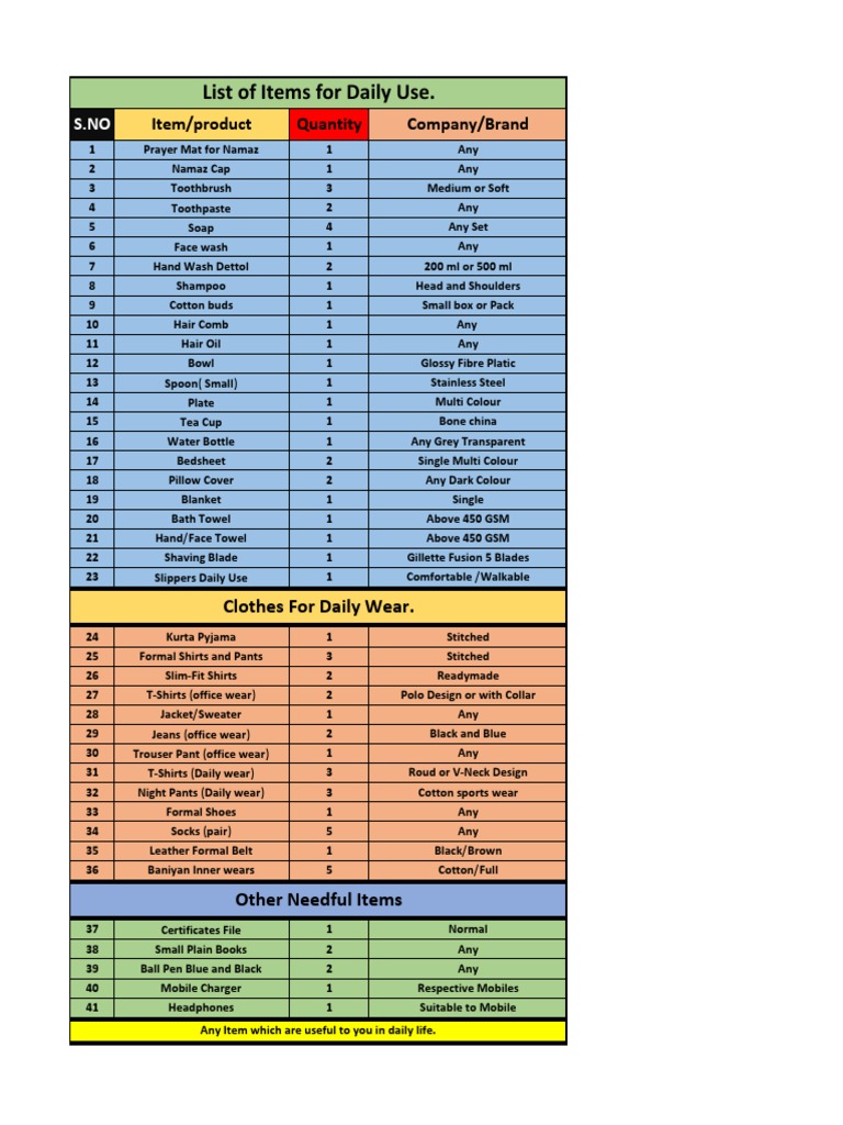 Daily Essential Items List | PDF | Shirt | Clothing