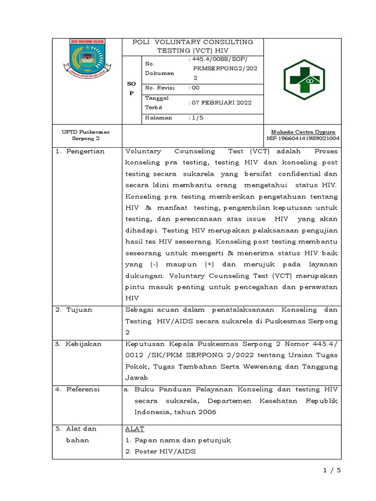 Sop Poli Voluntary Consulting Testing (VCT) Hiv | PDF
