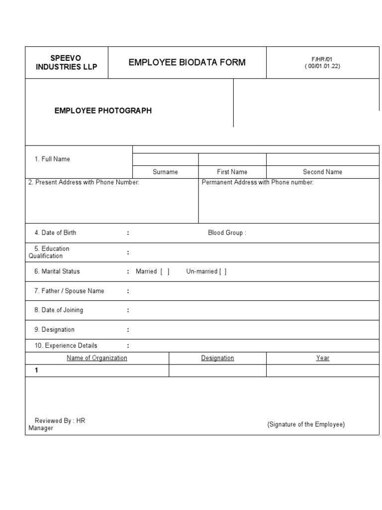 Employee Biodata Form | PDF | Social Institutions | Marriage