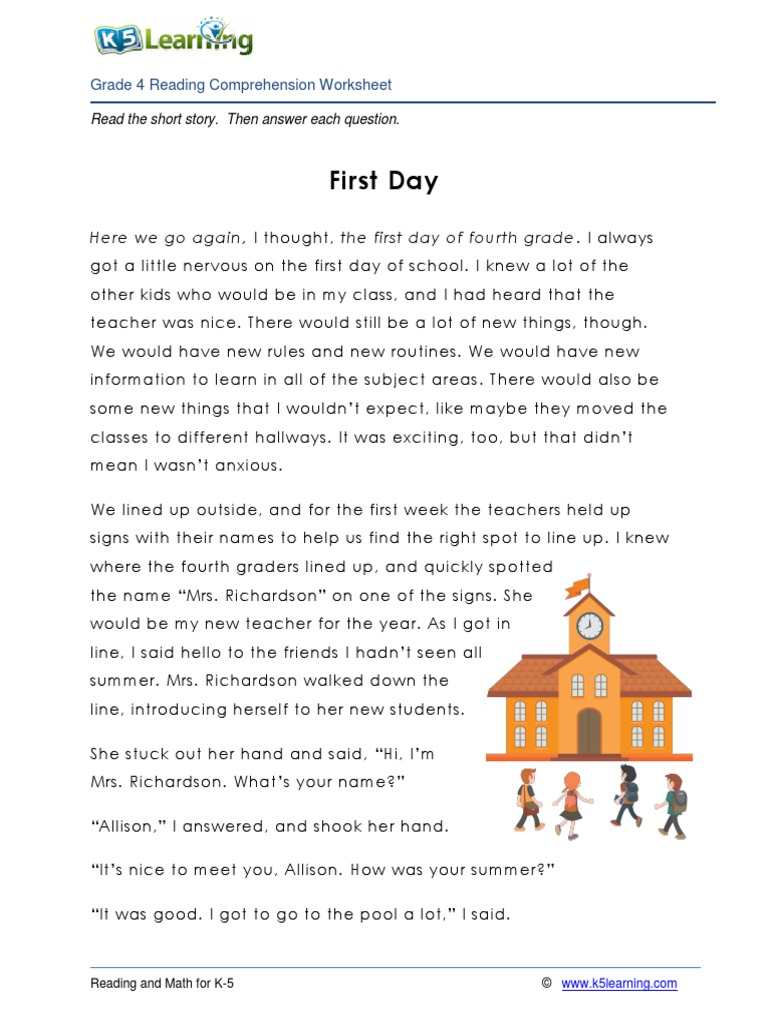 First Day of Fourth Grade Story | PDF | Reading Comprehension | Worksheet