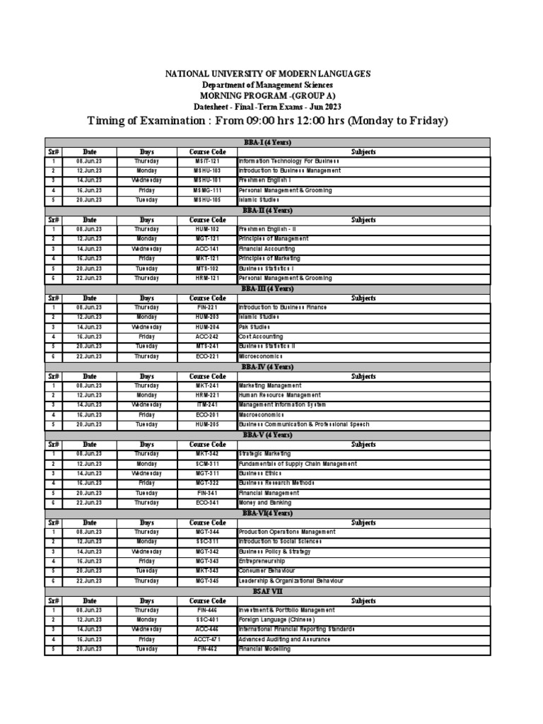 Management Sciences End Term Date Sheet Spring 2023 | PDF