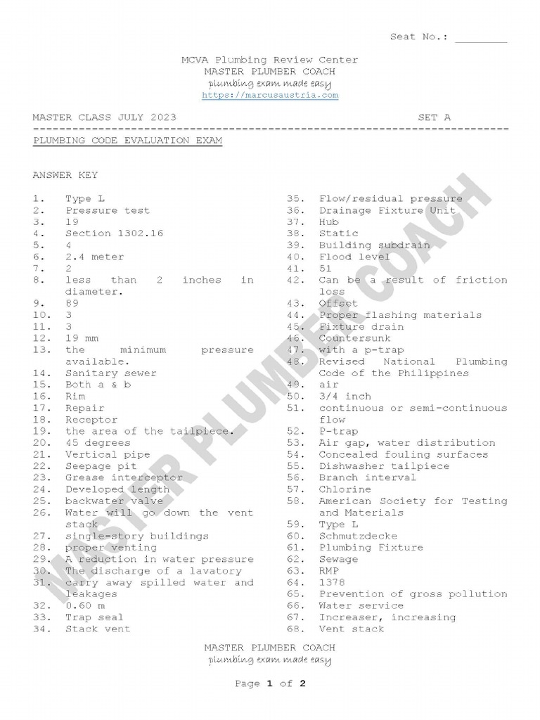 Answer Key Plumbing Code Evaluation Exam Master Class July 2023 Pdf