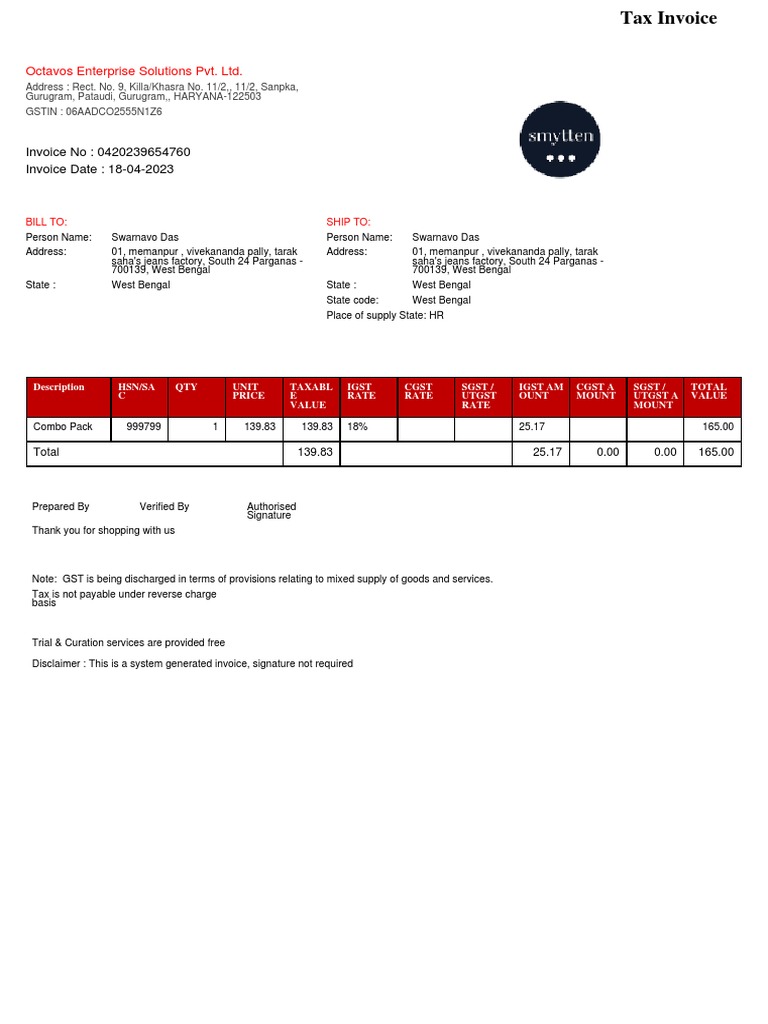 Invoice No: 0420239654760 Invoice Date: 18-04-2023: Octavos Enterprise ...