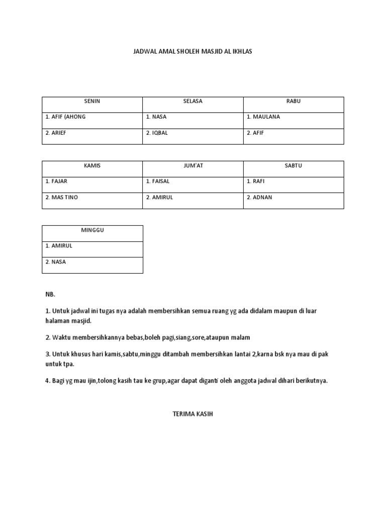 Jadwal Amal Sholeh | PDF