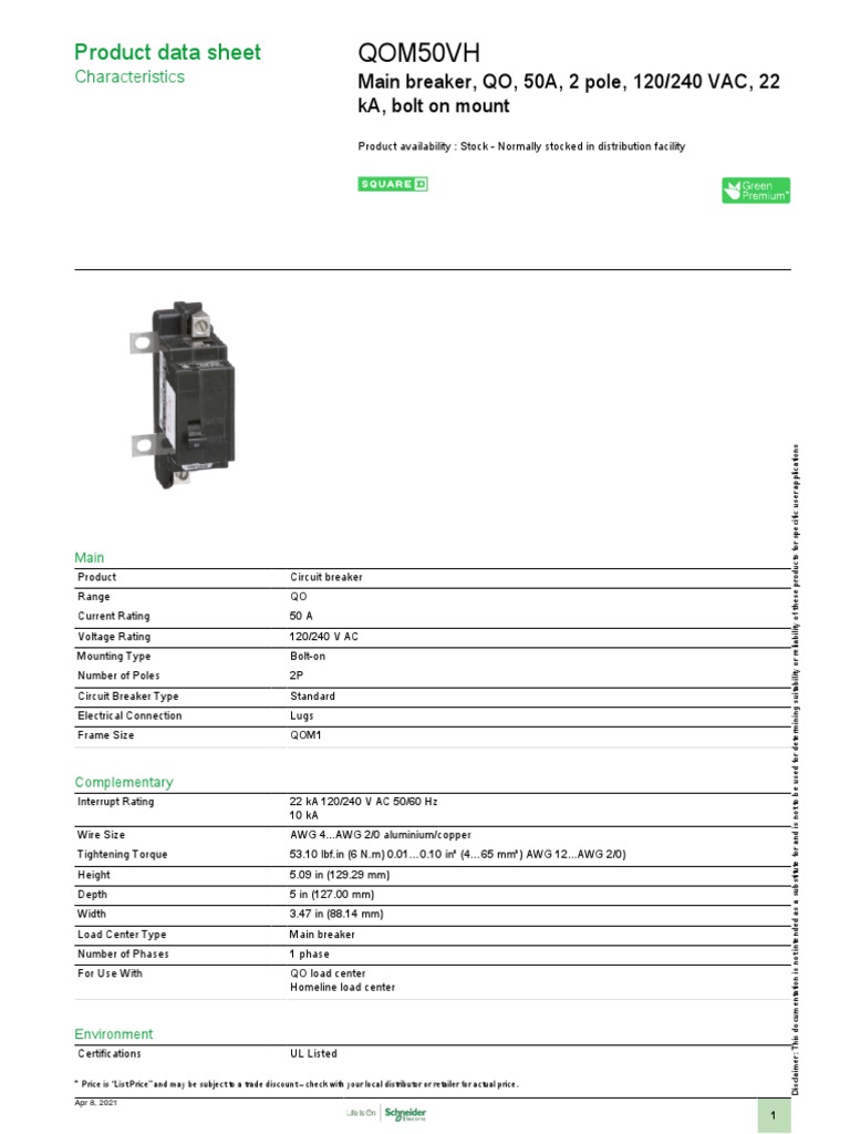 Square D QOM50VH Circuit Breakers Data Sheet | PDF