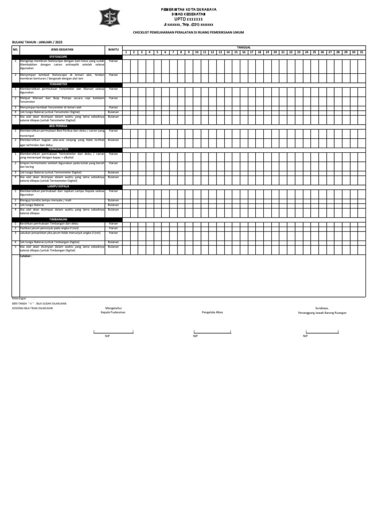 Checklist Pemeliharaan Alkes 2023 Untuk PKM | PDF