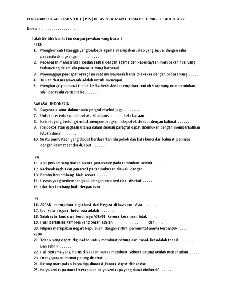Soal Pts Kls Vi Sbdp Semester i 2022 | PDF